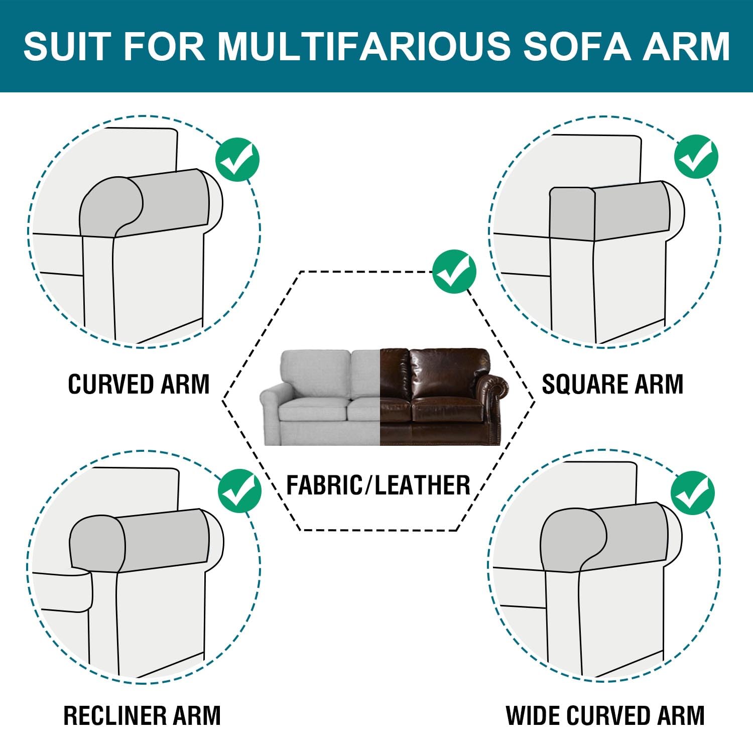 Turquoize 2 Pack Waterproof Armrest Covers for Chairs and Sofas Couch Arm Covers for Sofa Armrest Covers with Side Pocket Anti-Slip Furniture Protector Washable Armrest Slipcovers Set of 2, Gray