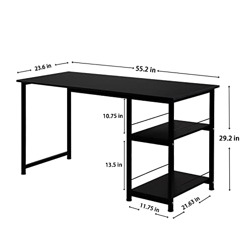 MASAKA B&W Office Home Desk with 2 Shelf for Writing Room, Large Operating Surface 55.2" Computer Desk with Sturdy Wooden Storage Shelf, Bookshelf Study Desk, Home Office Table for Living Room