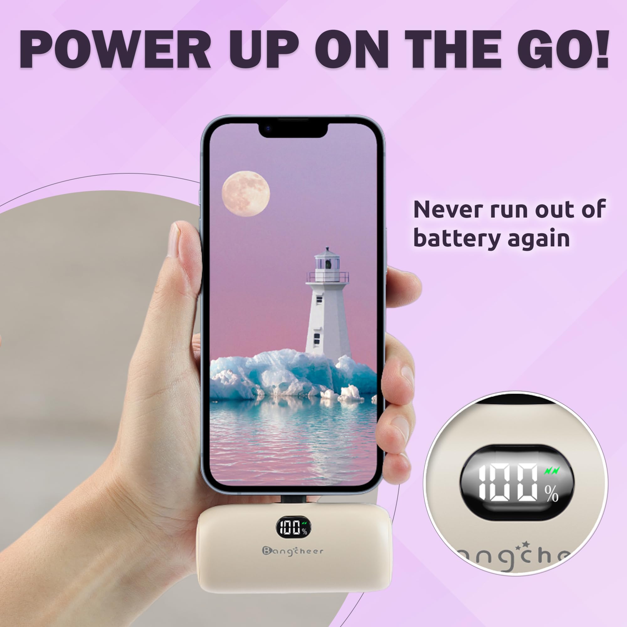 Bangcheer Portable Charger 5000mAh Upgrade Power Bank Fast Charging and PD 10W Input Small Docking Battery with LED Display & LED Fill Light Compatible with iPhone/Airpods (Apricot)
