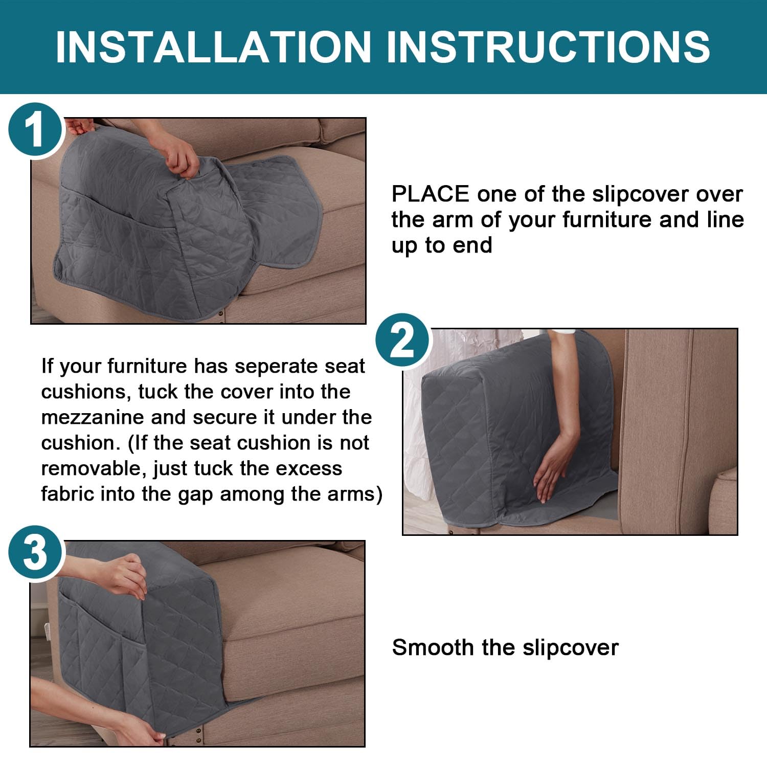 Turquoize 2 Pack Waterproof Armrest Covers for Chairs and Sofas Couch Arm Covers for Sofa Armrest Covers with Side Pocket Anti-Slip Furniture Protector Washable Armrest Slipcovers Set of 2, Gray