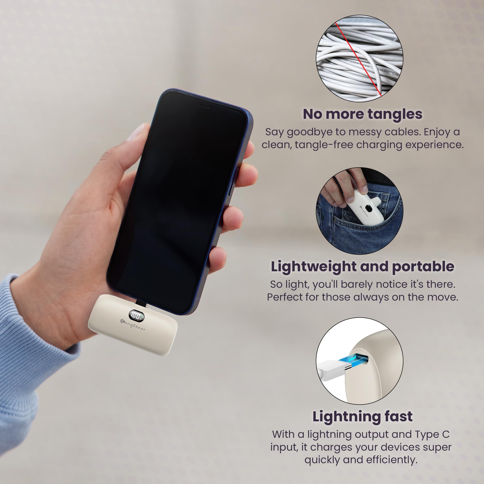 Bangcheer Portable Charger 5000mAh Upgrade Power Bank Fast Charging and PD 10W Input Small Docking Battery with LED Display & LED Fill Light Compatible with iPhone/Airpods (Apricot)