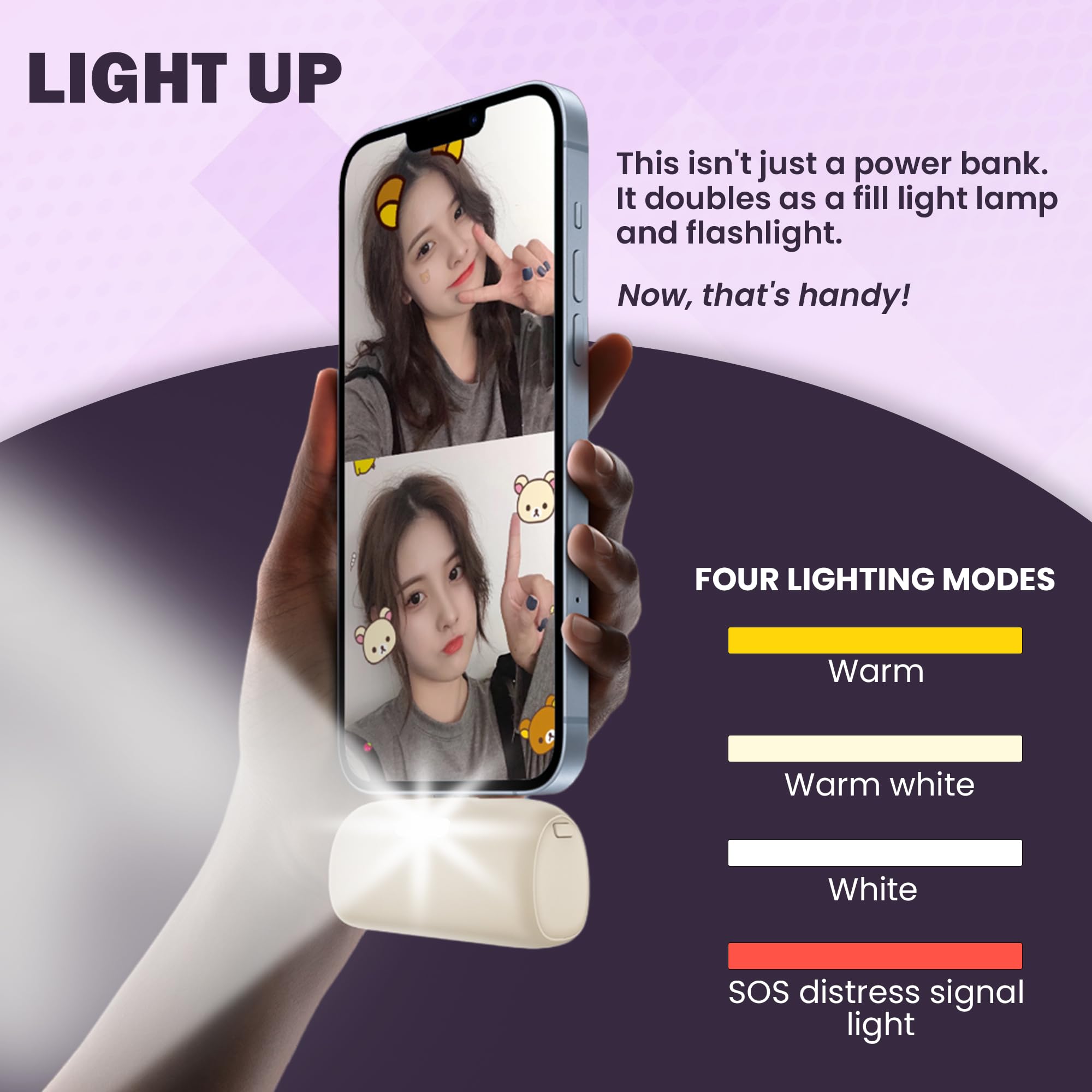 Bangcheer Portable Charger 5000mAh Upgrade Power Bank Fast Charging and PD 10W Input Small Docking Battery with LED Display & LED Fill Light Compatible with iPhone/Airpods (Apricot)