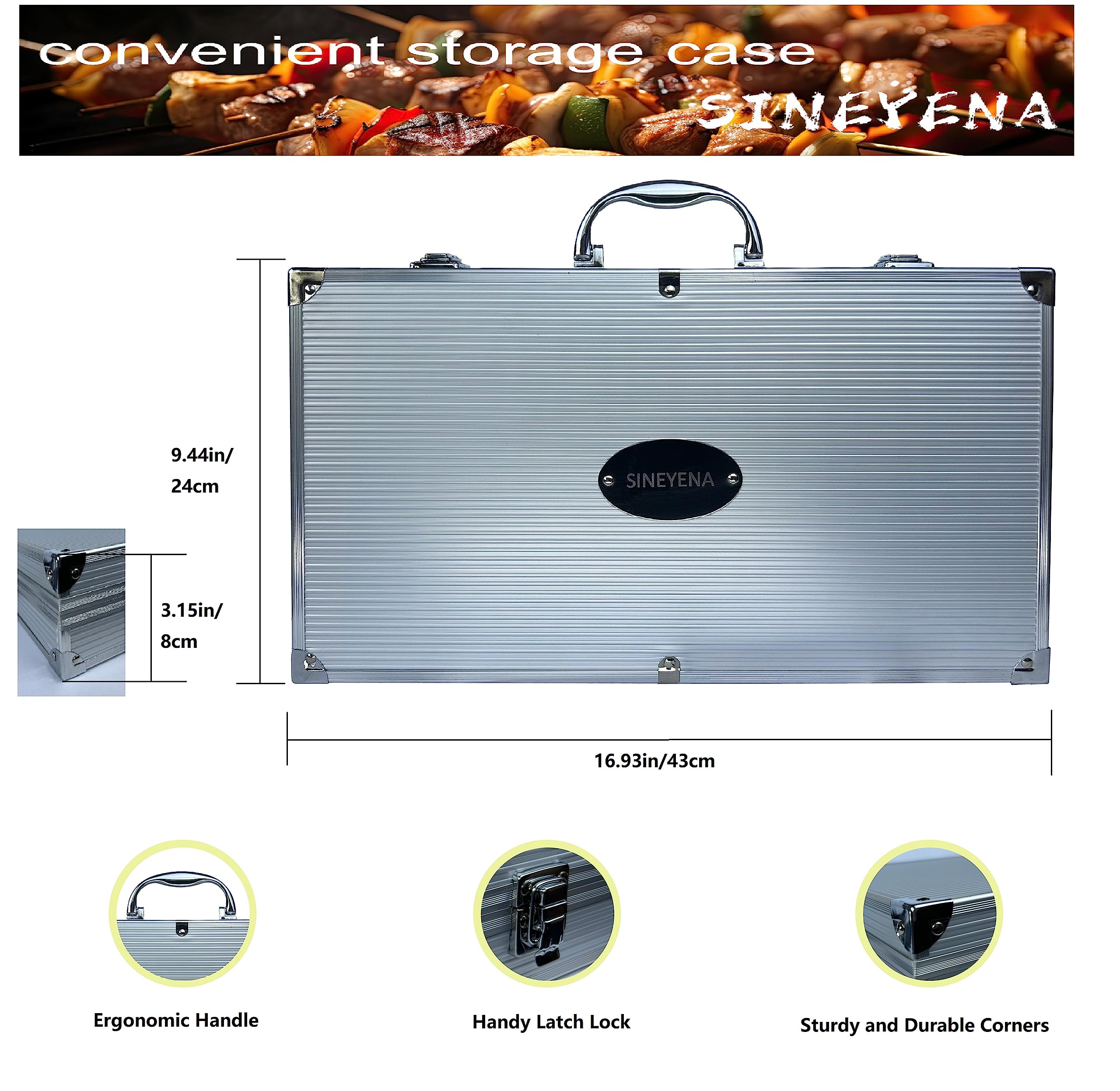 SINEYENA 19pc Heavy Duty BBQ Grill Tool Set in Case - The Very Best Grill Gift on Birthday Wedding - Professional BBQ Accessories Set for Outdoor Cooking Camping Grilling Smoking