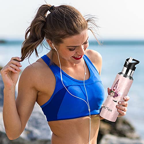 Custom Pink Unicorn Double Stainless Steel Insulated Water Bottle with Straw Lid, 20 oz, Customizable with Name/Text