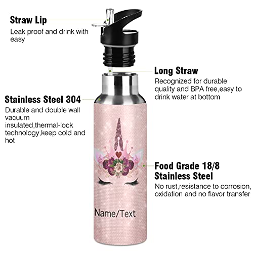 Custom Pink Unicorn Double Stainless Steel Insulated Water Bottle with Straw Lid, 20 oz, Customizable with Name/Text