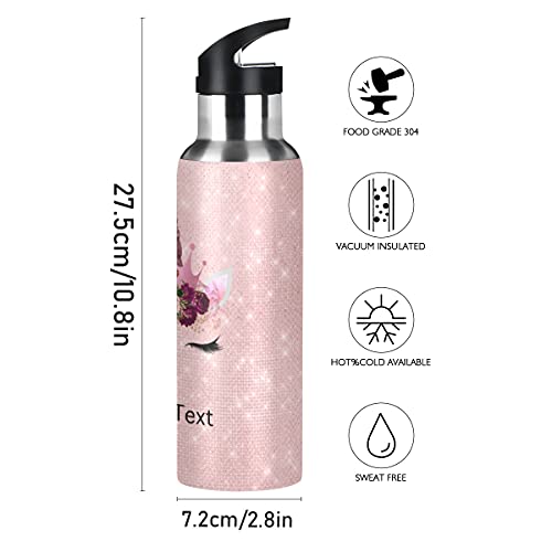 Custom Pink Unicorn Double Stainless Steel Insulated Water Bottle with Straw Lid, 20 oz, Customizable with Name/Text