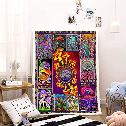 Trippy Mushroom Blanket Hippie Plant Throw Blankets for Couch Colorful Trippy Sherpa Fleece Blankets Soft Cotton Fuzzy Blanket Wool Plush Blanket (Classic Purple,(51 x 59 in))