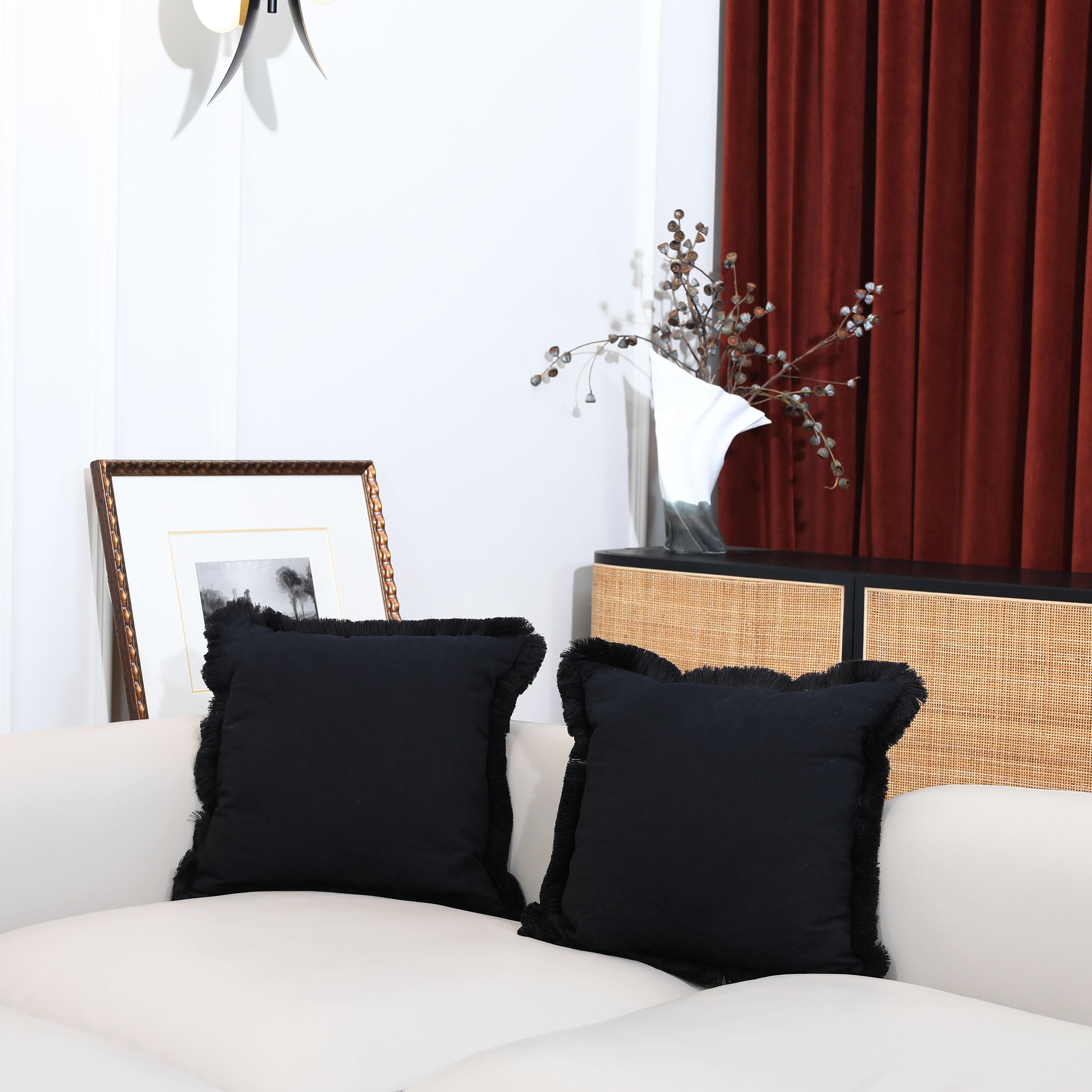 Black Linen Fringed Throw Pillow Cover 18x18 Inches Farmhouse Couch Pillows Cover for Bed Set of 2 Modern Neutral Decorative Throw Pillow Cases