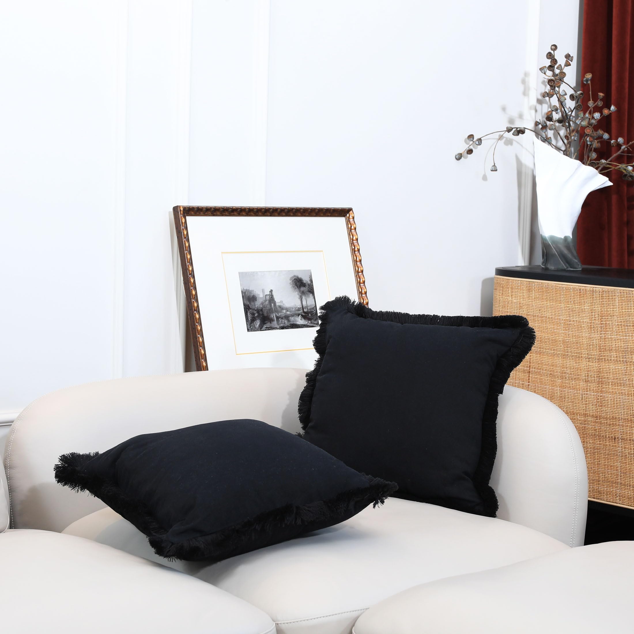 Black Linen Fringed Throw Pillow Cover 18x18 Inches Farmhouse Couch Pillows Cover for Bed Set of 2 Modern Neutral Decorative Throw Pillow Cases