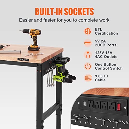 VEVOR Adjustable Workbench, 72" L X 25" W Garage Worktable with Universal Wheels, 28-39.5" Heights & 3000 LBS Load Capacity, with Power Outlets & Hardwood Top & Storage & Foot Pads, for Office Home