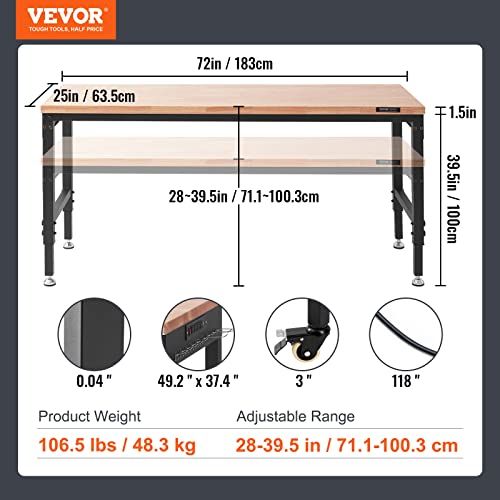 VEVOR Adjustable Workbench, 72" L X 25" W Garage Worktable with Universal Wheels, 28-39.5" Heights & 3000 LBS Load Capacity, with Power Outlets & Hardwood Top & Storage & Foot Pads, for Office Home
