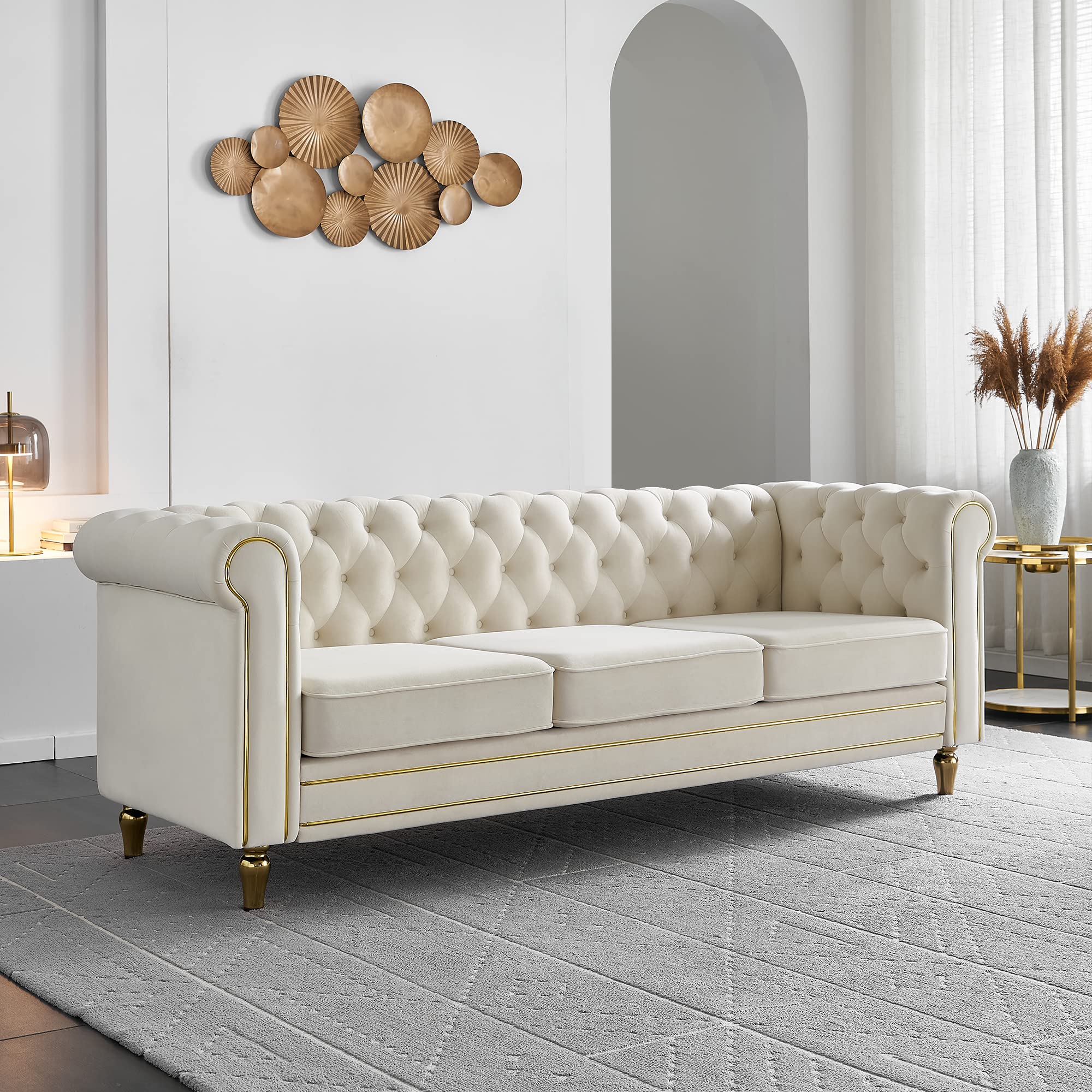 Yoglad Velvet Chesterfield Sofa, 84.65'' Mid Century Modern 3 Seater Couch with Round Arms and Metal Legs, Upholstered Sofa with Tufted Back for Living Room Bedroom (Beige)