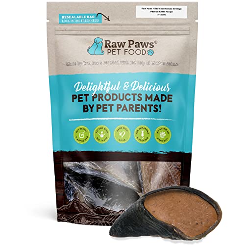 Raw Paws Pet Peanut Butter Filled Cow Hooves for Dogs, 5 Pack - Natural Beef, Free Range Cow Hooves with Peanut Butter for Dogs - Dogs Peanut Butter Treats - Stuffed Cow Hoof Dog Chews Peanut Butter