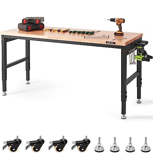VEVOR Adjustable Workbench, 72" L X 25" W Garage Worktable with Universal Wheels, 28-39.5" Heights & 3000 LBS Load Capacity, with Power Outlets & Hardwood Top & Storage & Foot Pads, for Office Home