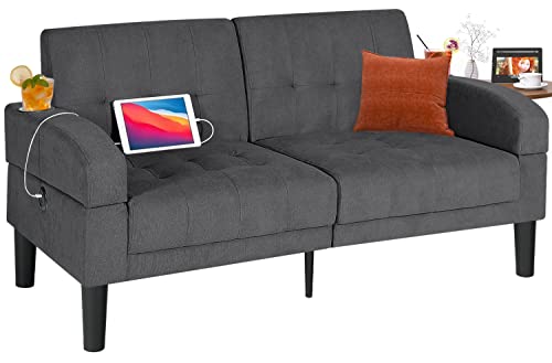 TYBOATLE Linen Upholstered Modern Love Seats Sofa with 2 USB, Fabric Loveseat Furniture w/Removable Armrests, 2 Cup Holders, Suitable for Compact Living Space, Apartment, Dorm (Dark Grey)