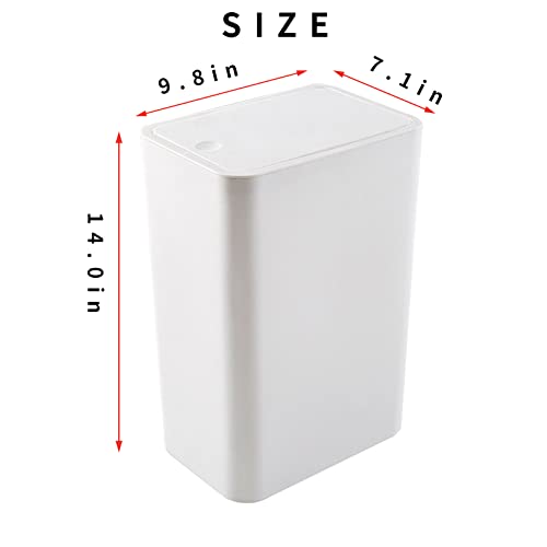 Slim Space-Saving Trash Can with Press Top Lid, 4 Gallon White Durable Plastic Garbage Bin for Kitchen, Bathroom, RV, Living Room, Office, Small Container, 4 Gallon Wastebasket for Narrow Spaces, 10 inch x6.9 inch x13.6 inch