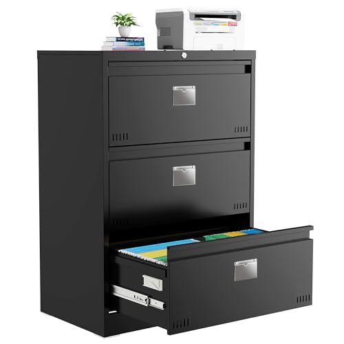 TOPKEY 3 Drawer Lateral File Cabinet with Lock, Metal Filing Storage Vertical Cabinets for Home Office Hanging Letter/Legal/F4/A4, Lockable Metal Horizontal File Cabinet with Card Slot(Black