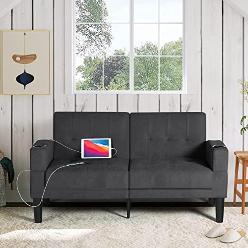 TYBOATLE Linen Upholstered Modern Love Seats Sofa with 2 USB, Fabric Loveseat Furniture w/Removable Armrests, 2 Cup Holders, Suitable for Compact Living Space, Apartment, Dorm (Dark Grey)