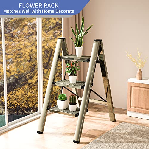 3 Step Ladder, Aluminum Folding Step Stool with Wide Anti-Slip Sturdy Pedal, Portable Lightweight Step Stool Multi-Use for Kitchen Household and Office, Gold, 330 LBS
