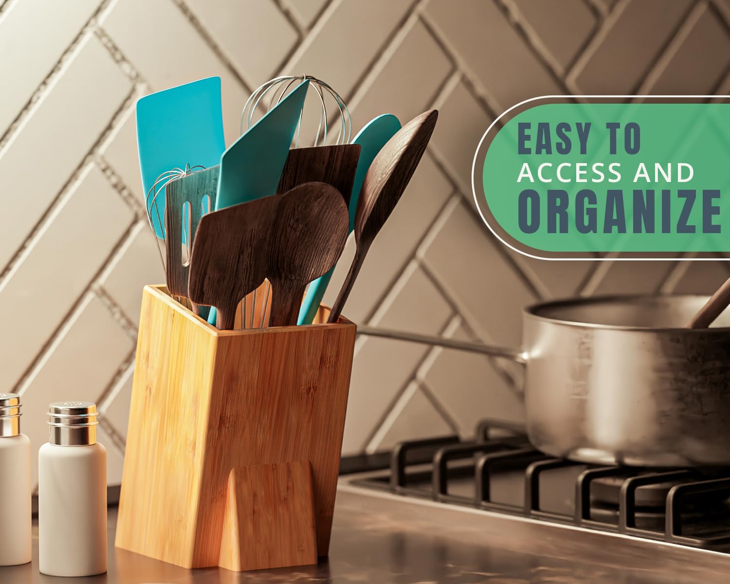 Comfify Bamboo Utensil Holder For Countertop - Large Upright Modern Organizer - Utensil Crock for Kitchen Counter