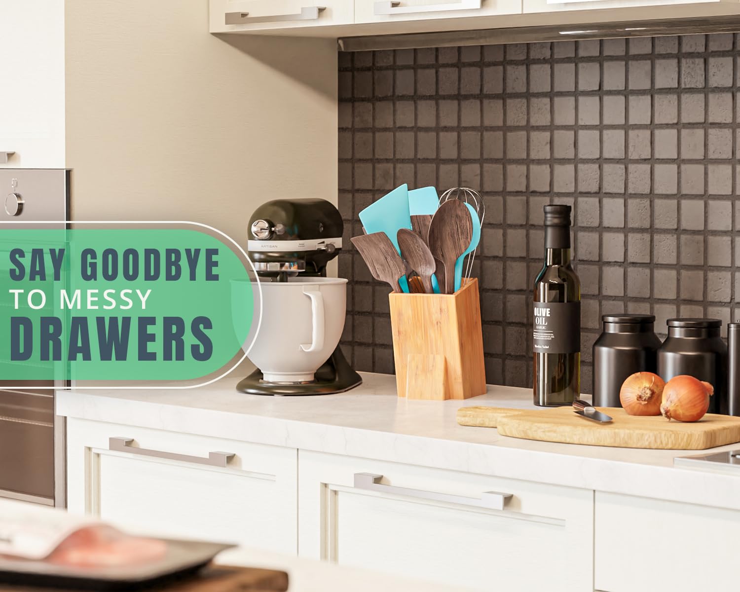 Comfify Bamboo Utensil Holder For Countertop - Large Upright Modern Organizer - Utensil Crock for Kitchen Counter