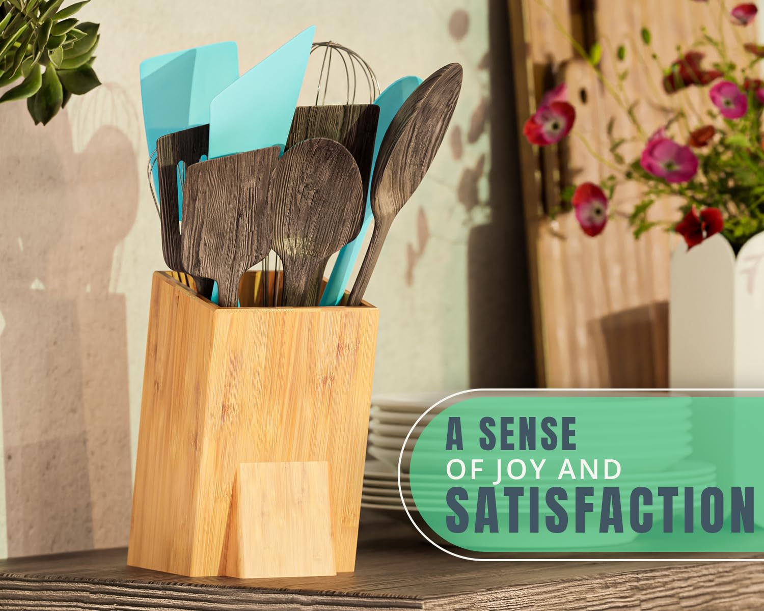 Comfify Bamboo Utensil Holder For Countertop - Large Upright Modern Organizer - Utensil Crock for Kitchen Counter