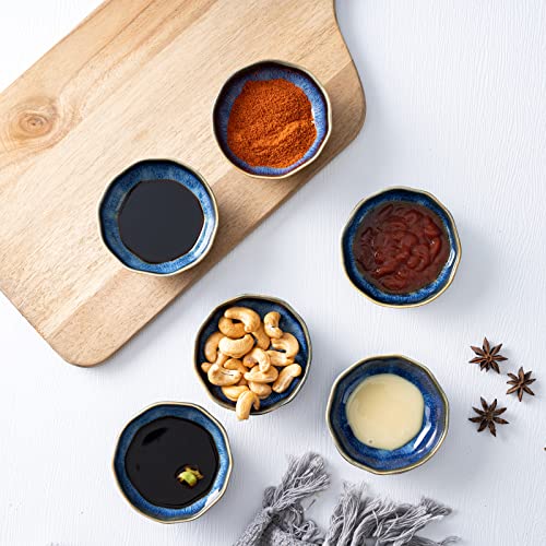 HOKELER 3.7 inch Small Ceramic Dipping Bowls Pinch Dip Bowl Side Dishes for Soy Sauce Dessert Tomato, Set of 6, Black & Blue