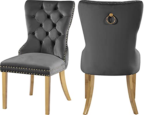 Meridian Furniture Carmen Collection Velvet Upholstered Dining Chair with Sturdy Gold Metal Legs, Set of 2, Grey