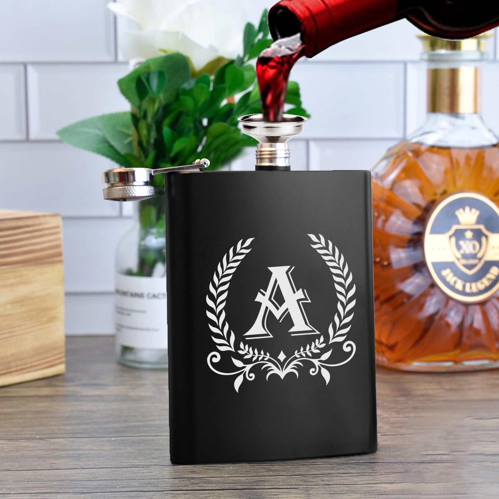 ELEGANTPARK Hip Flasks for Liquor for Men with Initials Monogrammed Gifts for Men Birthday Personalized Gifts for Him Groomsmen Dad Engraved Hip Flask with Funnel 8 OZ Letter A