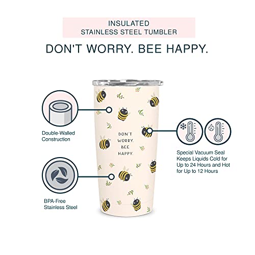 Studio Oh! Insulated Stainless-Steel Tumbler Don't Worry. Bee Happy.- 17-Ounce - Double-Walled with Vacuum Seal Keeps Liquids Cold for Hours - Fits Standard Size Cup Holders