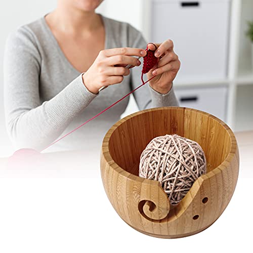 DUDNJC Wooden Yarn Bowl Knitting Bowl with 2 Bamboo Crochet Hooks, 6x3.1in Wool Storage Handmade Crochet Kit Organizer Prevent Slipping Yarn Holder for Crocheting Knitting DIY Crafts Tools(Wood)
