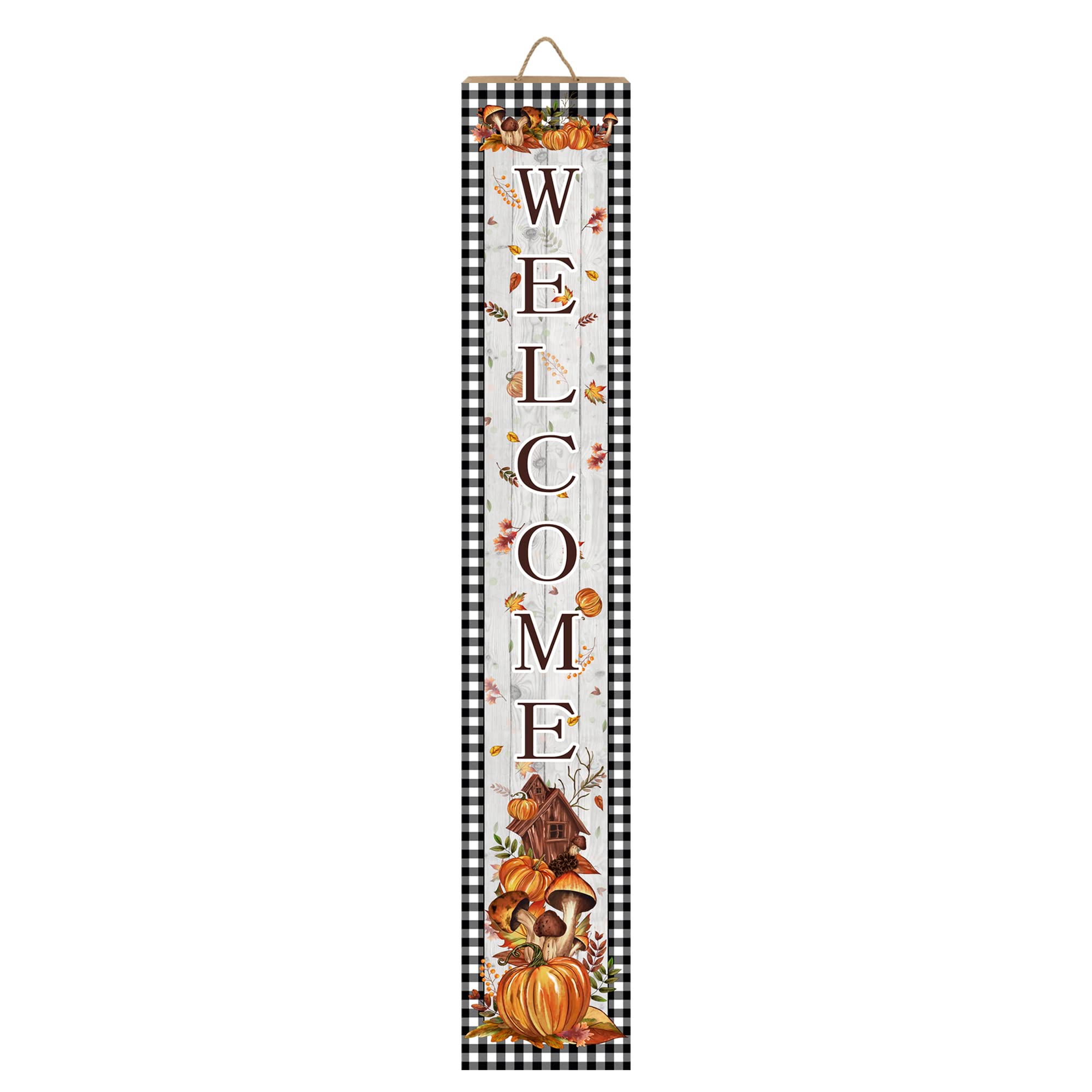 Fall Welcome Porch Sign Autumn Wooden Door Sign 47'' Large Buffalo Plaid Porch Sign for Pumpkin Sign Home Front Door Yard Party Decor