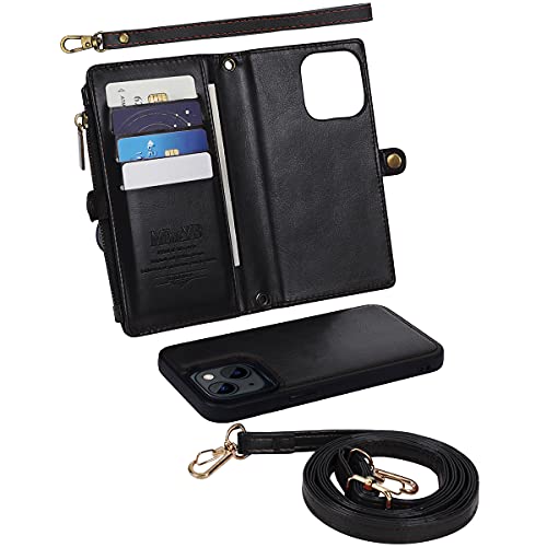 MInCYB Wallet Case Compatible with iPhone 13 Pro, Zipper Case with RFID Blocking Card Holder Slot, Magnetic Detachable Zipper Purse with Wristlet Strap, Leather Cover for iPhone 13 Pro. Black
