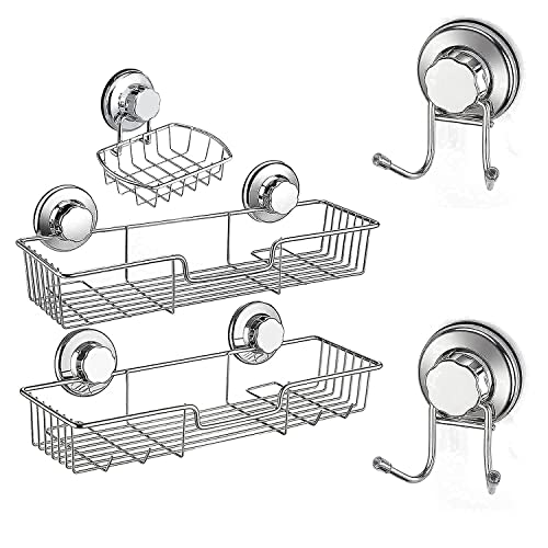 iPEGTOP 3in1 Suction Cup Shower Caddy Bath Wall Shelf + Soap Dish Holder + 2 Pack Strong Suction Cup Hooks