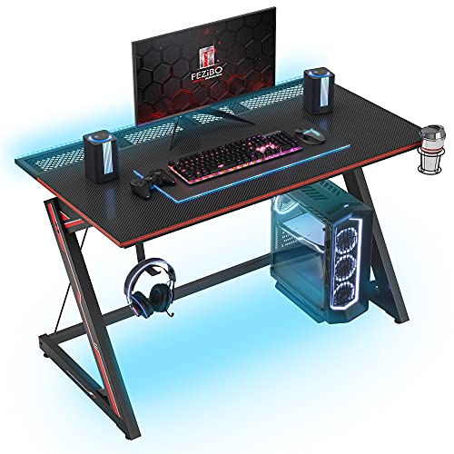 FEZIBO Gaming Desk 40 inch with LED Lighting, PC Computer Desk Gaming Table Z Shaped Gamer Workstation with Wire Mesh, Black
