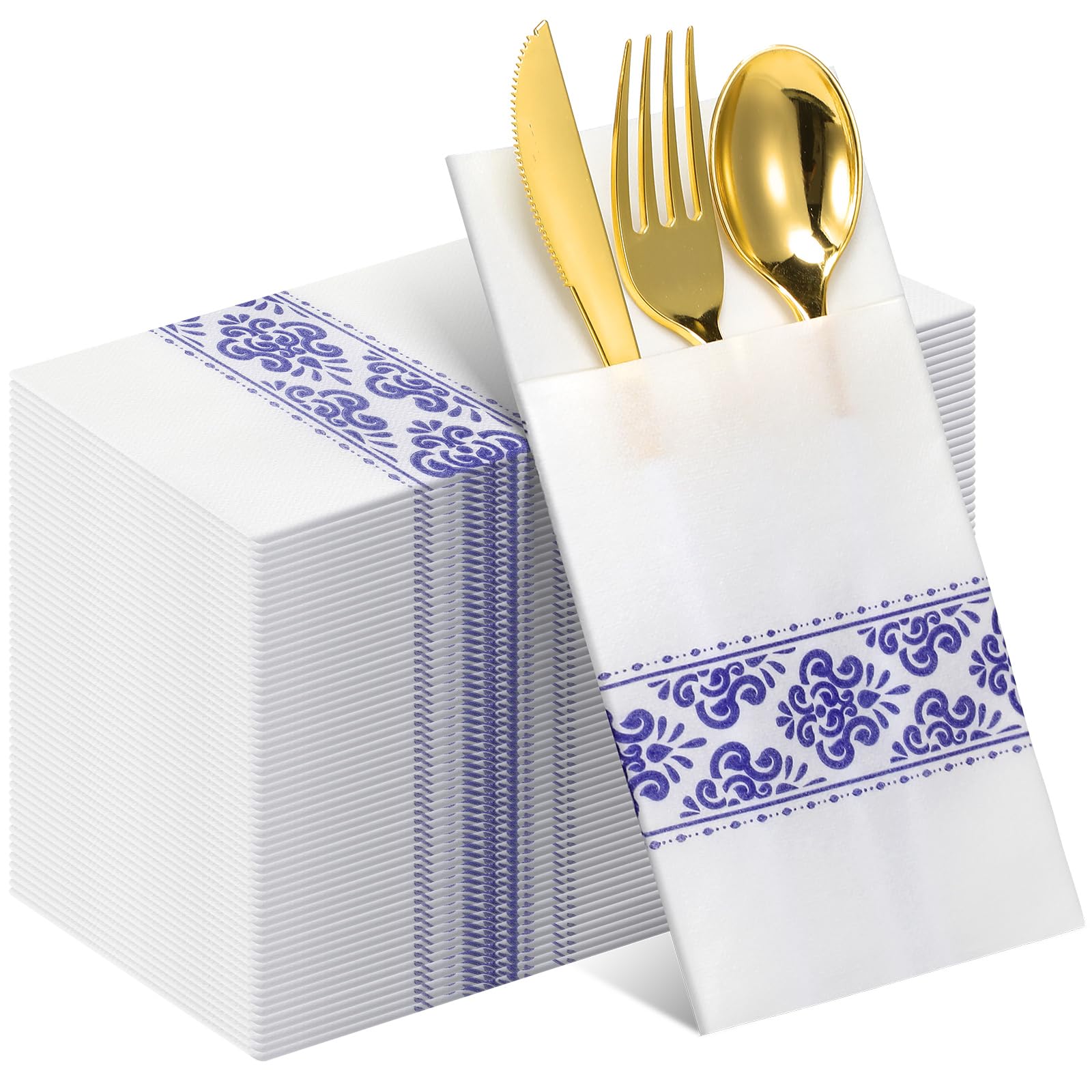 Qilery 100 Pack White Pocket Napkins Paper Dinner Napkins Blue Floral Napkins with Built in Flatware Pocket Disposable Airlaid Paper Napkins Blue Porcelain Linen Feel Dinner Pocket Napkins for Wedding