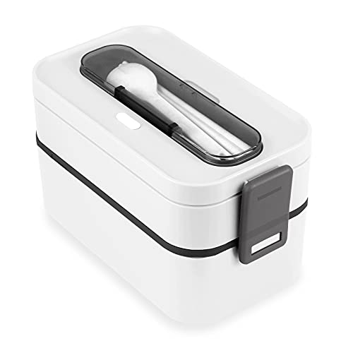 NatraProw Bento Lunch Box for Adults, 2 Layers Stackable Lunch Container, 1600ml Large bento Box for Adults, Built-in Utensils, Microwave Safe Bento Boxes, Leakproof, BPA Free, White