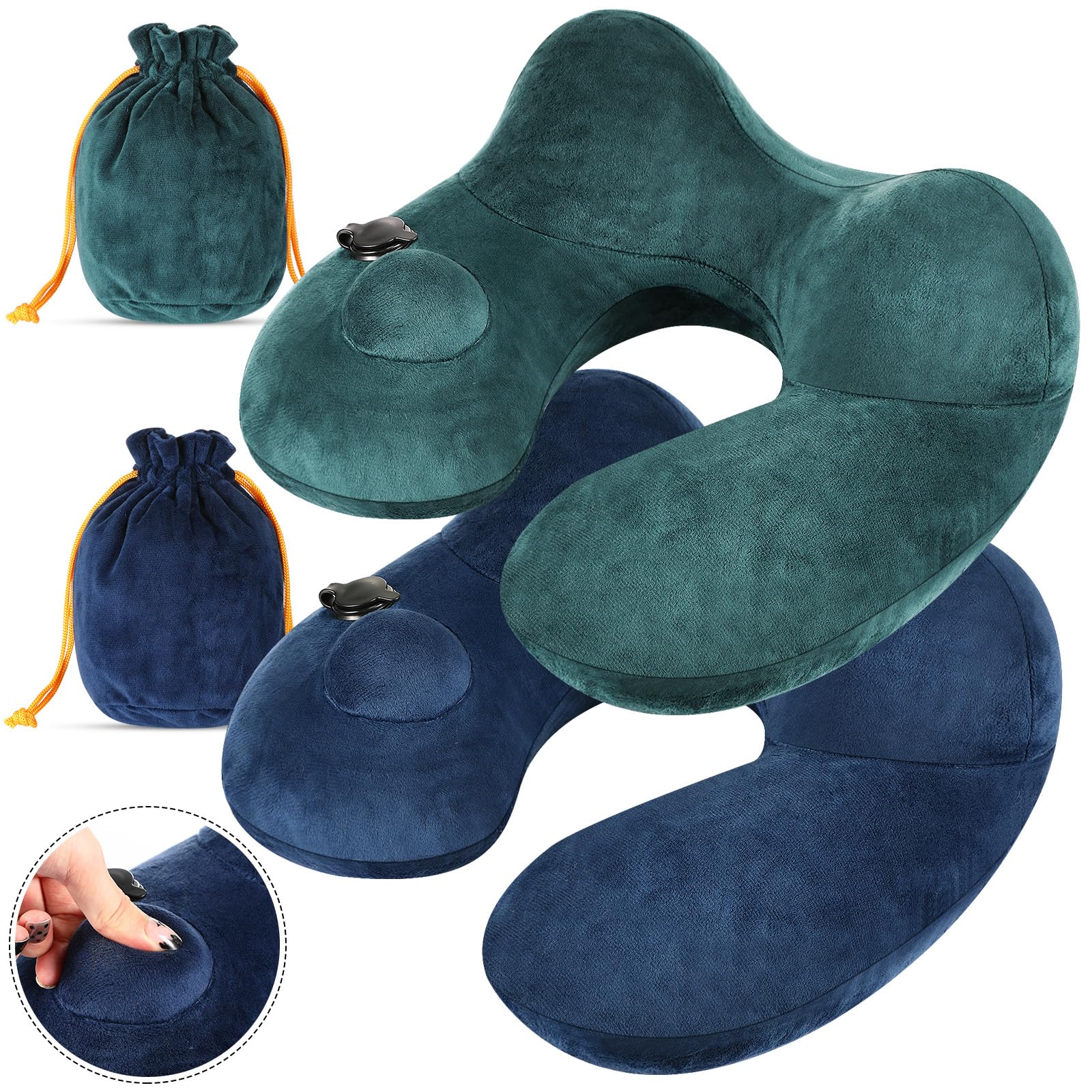Xtinmee 2Pcs Self-Inflatable Pillow Soft Airplane Travel Pillow with Compact Bag for Long Flight Neck Cushion for Head Support Car Home Office 12.2x11.81x5.91in(Peacock Green, Blue)