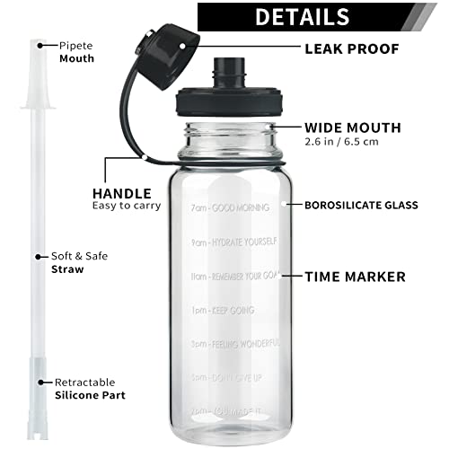 Ferexer Large 48 oz Glass Water Bottle with Straw & Time Marker, Reusable Motivational Borosilicate Water Bottle with Neoprene Sleeve BPA Free