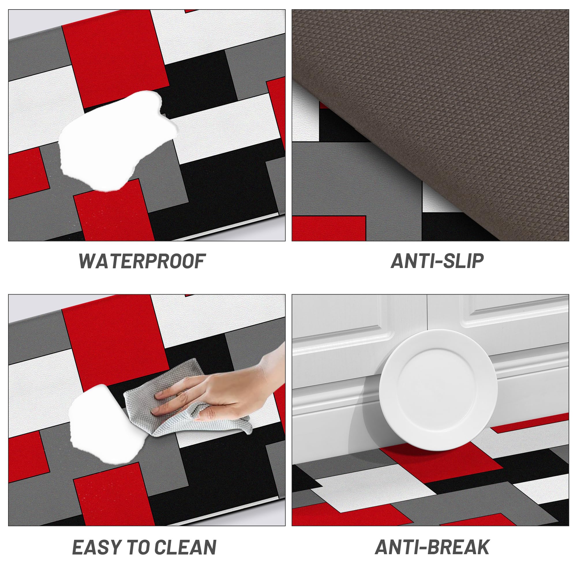 FYATHM Black Red Grey White Kitchen Rug Anti-Fatigue Kitchen Mat for Floor Abstract Art Geometric Waterproof Non-Slip Kitchen Mat and Rug PVC Kitchen Floor Rug Mat for Home Sink Laundry