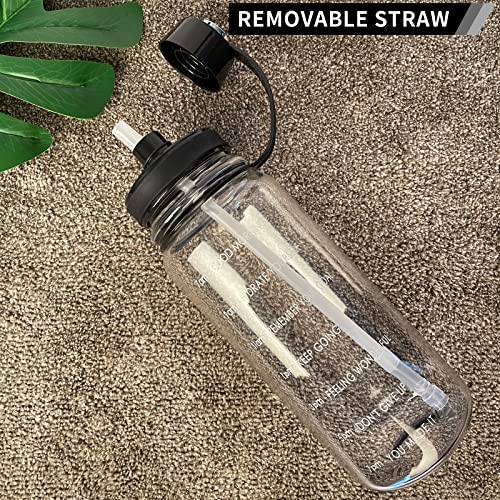 Ferexer Large 48 oz Glass Water Bottle with Straw & Time Marker, Reusable Motivational Borosilicate Water Bottle with Neoprene Sleeve BPA Free