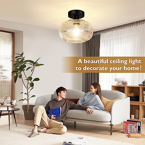 ONELEJA Black Semi Flush Mount Ceiling Light Fixture, Hallway Light, Globe Glass Ceiling Light, Overhead Light Fixture, Kitchen Lighting fixtures Ceiling, Light Fixtures for Porch Entryway Bathroom