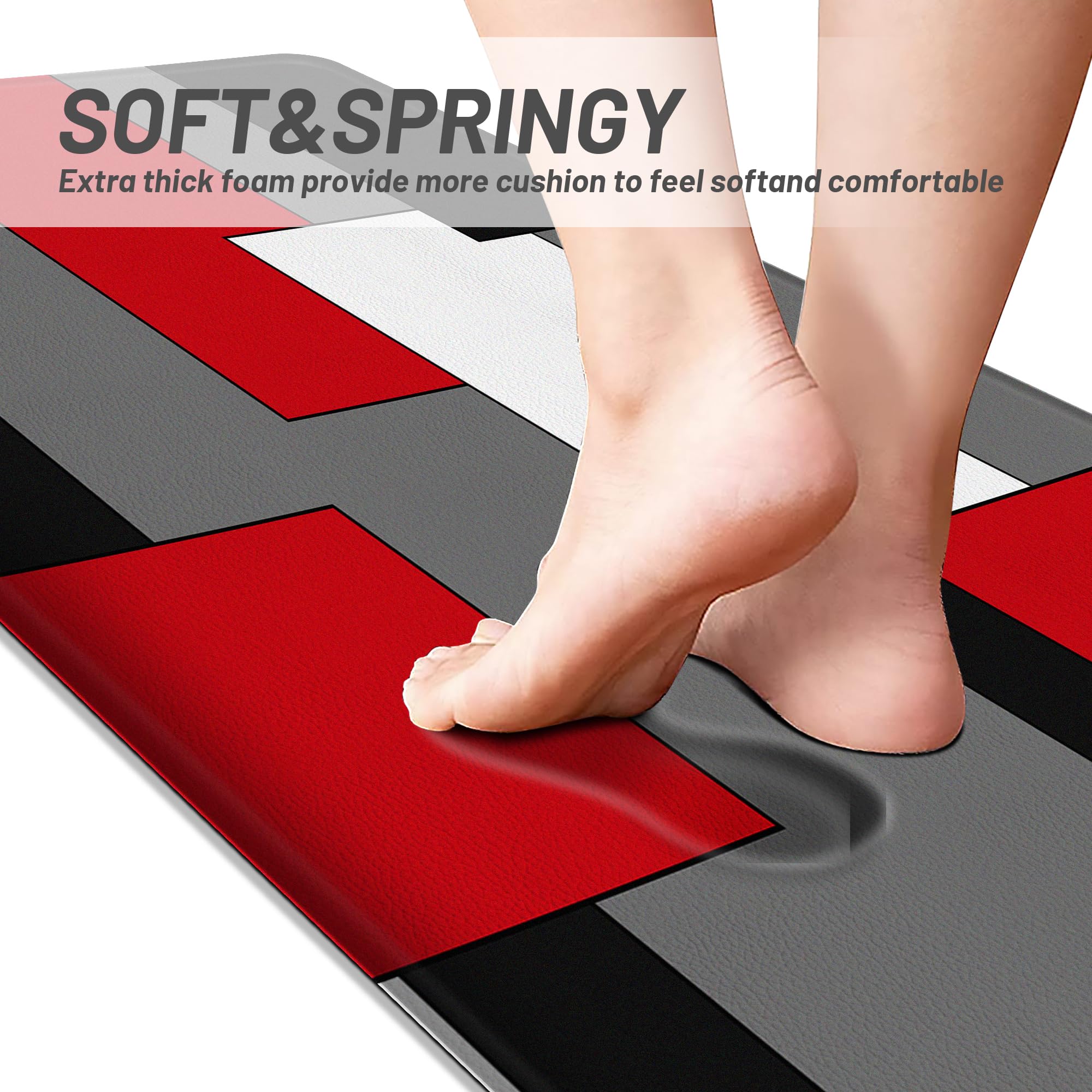 FYATHM Black Red Grey White Kitchen Rug Anti-Fatigue Kitchen Mat for Floor Abstract Art Geometric Waterproof Non-Slip Kitchen Mat and Rug PVC Kitchen Floor Rug Mat for Home Sink Laundry