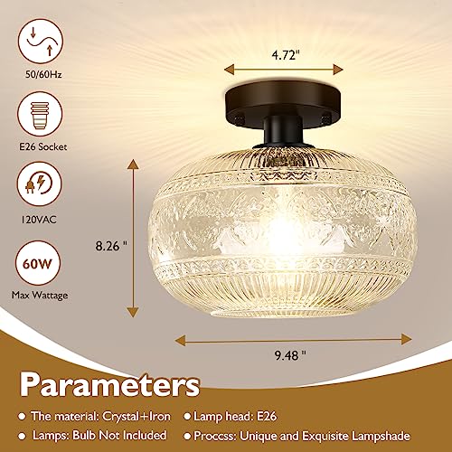 ONELEJA Black Semi Flush Mount Ceiling Light Fixture, Hallway Light, Globe Glass Ceiling Light, Overhead Light Fixture, Kitchen Lighting fixtures Ceiling, Light Fixtures for Porch Entryway Bathroom
