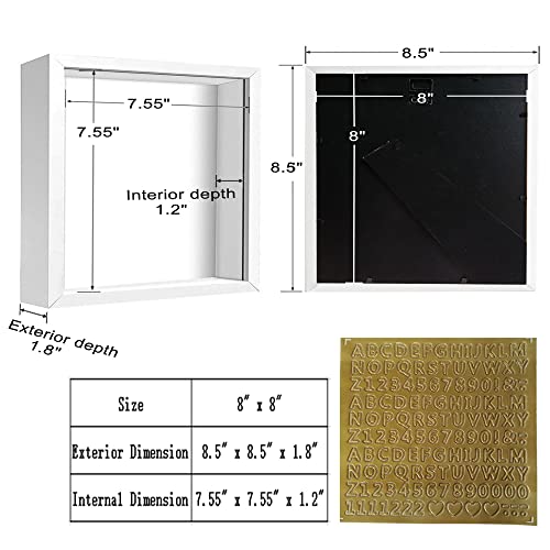 TouYinger 8x8 Shadow Box Frame Display Case with Letter Stickers, 3D Picture Frame, Display Case Box for Memorabilia, Baby Items, Wedding Memories, Crafts, Tickets and Photos (White, 8x8)