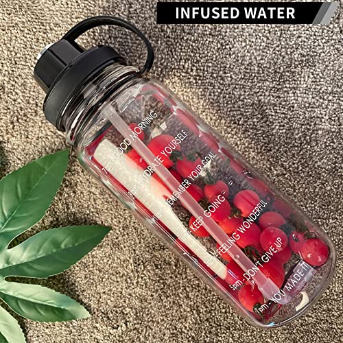 Ferexer Large 48 oz Glass Water Bottle with Straw & Time Marker, Reusable Motivational Borosilicate Water Bottle with Neoprene Sleeve BPA Free