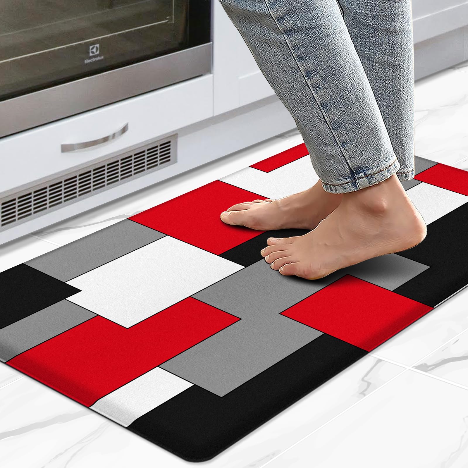 FYATHM Black Red Grey White Kitchen Rug Anti-Fatigue Kitchen Mat for Floor Abstract Art Geometric Waterproof Non-Slip Kitchen Mat and Rug PVC Kitchen Floor Rug Mat for Home Sink Laundry
