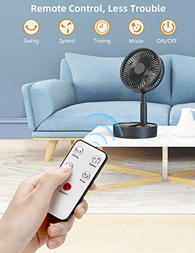 Koonie 8-Inch Foldaway Oscillating Fan with Remote Control, 7200mAh Rechargeable Battery Operated Pedestal Fan for Bedroom, Timer, 4 Speed, Fast Charging Portable Table Fan for Camping, Outdoor, Room