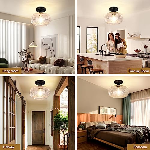 ONELEJA Black Semi Flush Mount Ceiling Light Fixture, Hallway Light, Globe Glass Ceiling Light, Overhead Light Fixture, Kitchen Lighting fixtures Ceiling, Light Fixtures for Porch Entryway Bathroom