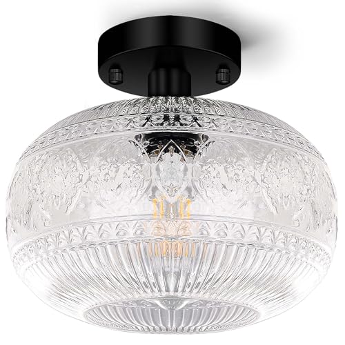 ONELEJA Black Semi Flush Mount Ceiling Light Fixture, Hallway Light, Globe Glass Ceiling Light, Overhead Light Fixture, Kitchen Lighting fixtures Ceiling, Light Fixtures for Porch Entryway Bathroom